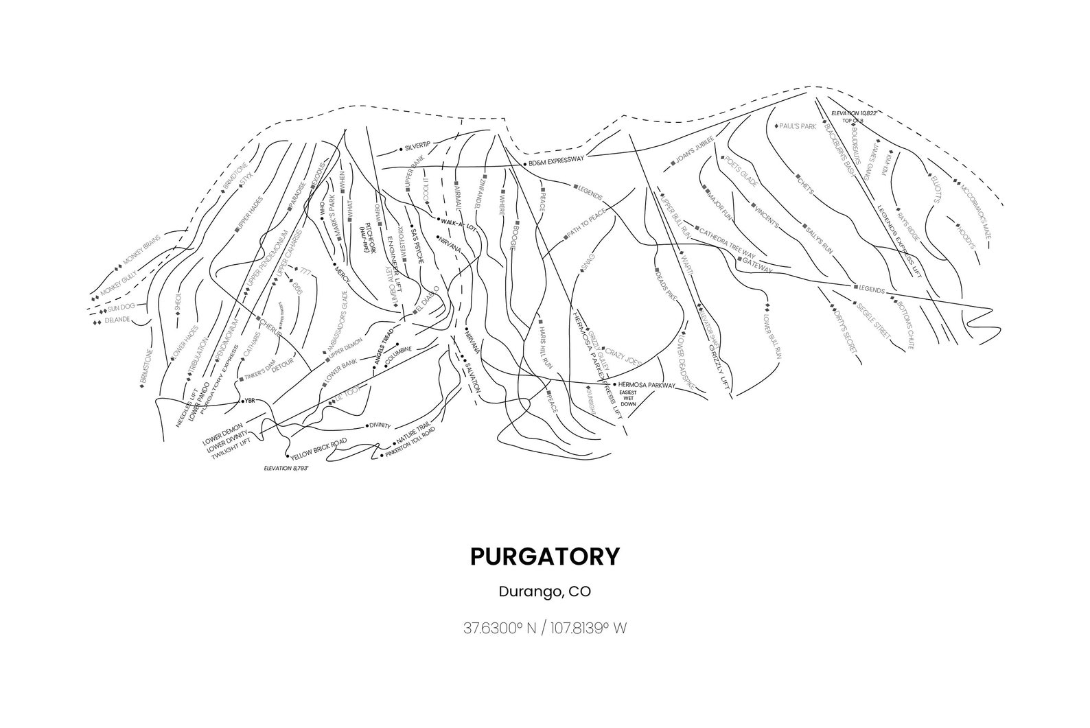 Purgatory Ski Map Poster Art, Durango Colorado, Trail Map, Purgatory ...