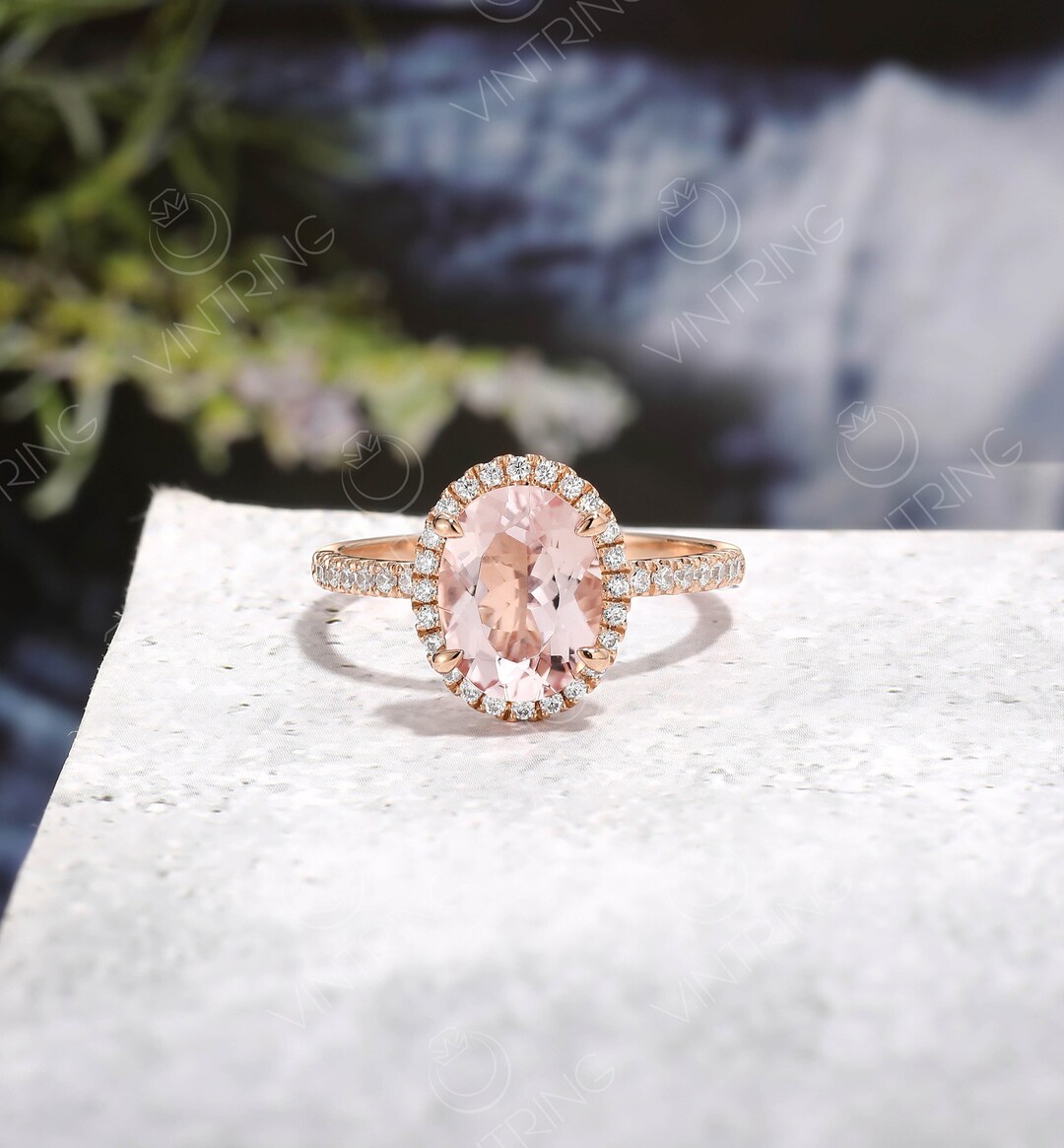 Anillo de compromiso con halo de morganita: anillo nupcial ovalado, oro ...