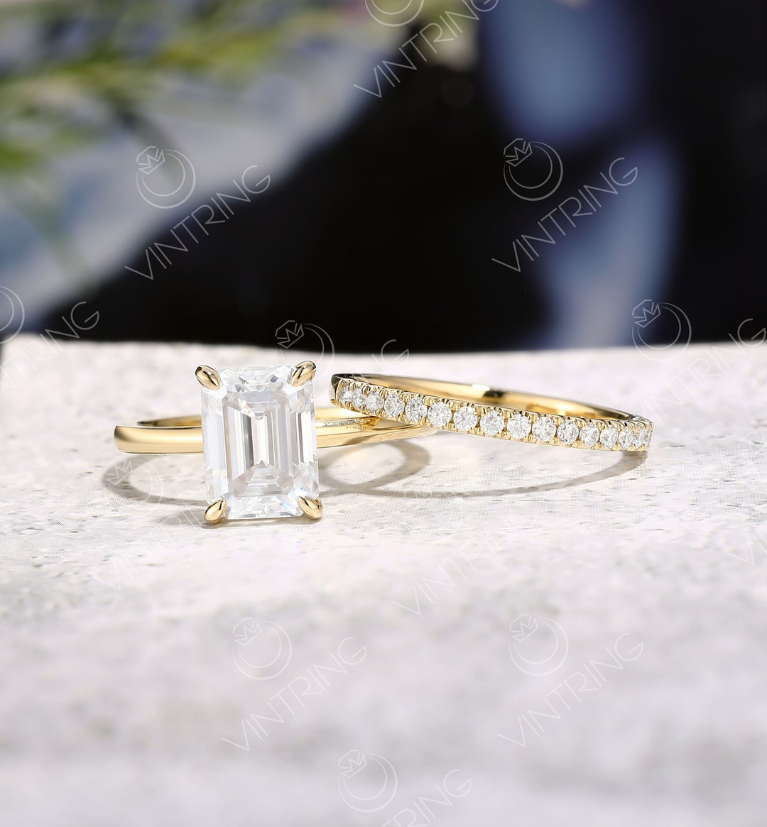 Vintage Emerald Cut Moissanite Engagement Ring Set: 14k Yellow Gold ...