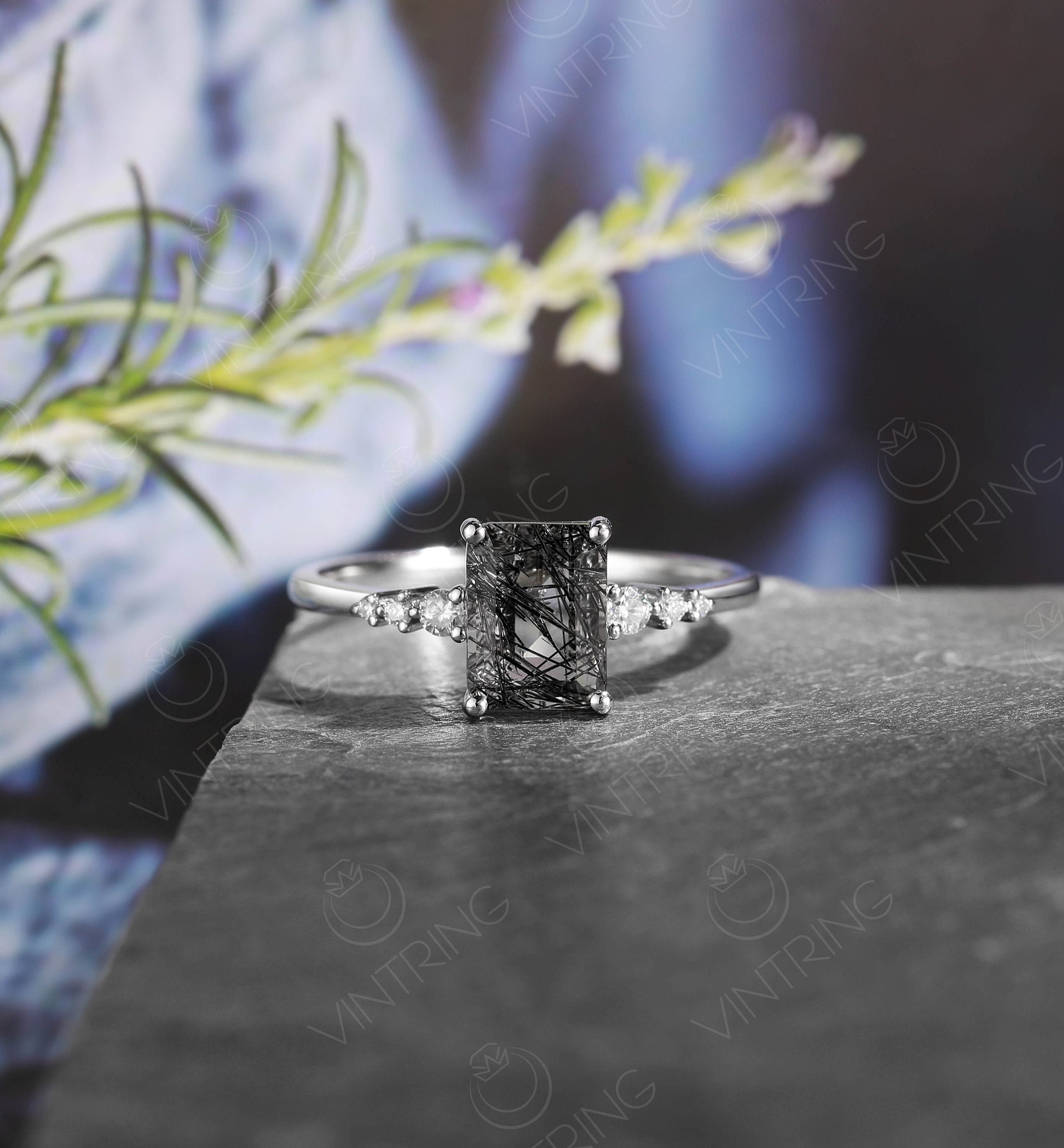 Black Rutilated Quartz Engagement Ring Emerald Cut Engagement | Etsy