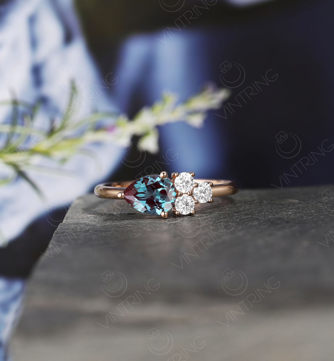 Vintage Alexandrite Engagement Ring Cluster Alexandrite Ring Rose Gold ...