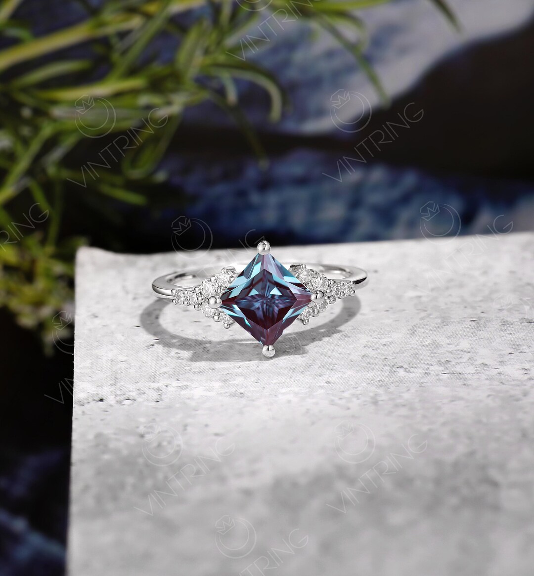 Princess Cut Alexandrite Engagement Ring, Alexandrite Cluster Ring ...