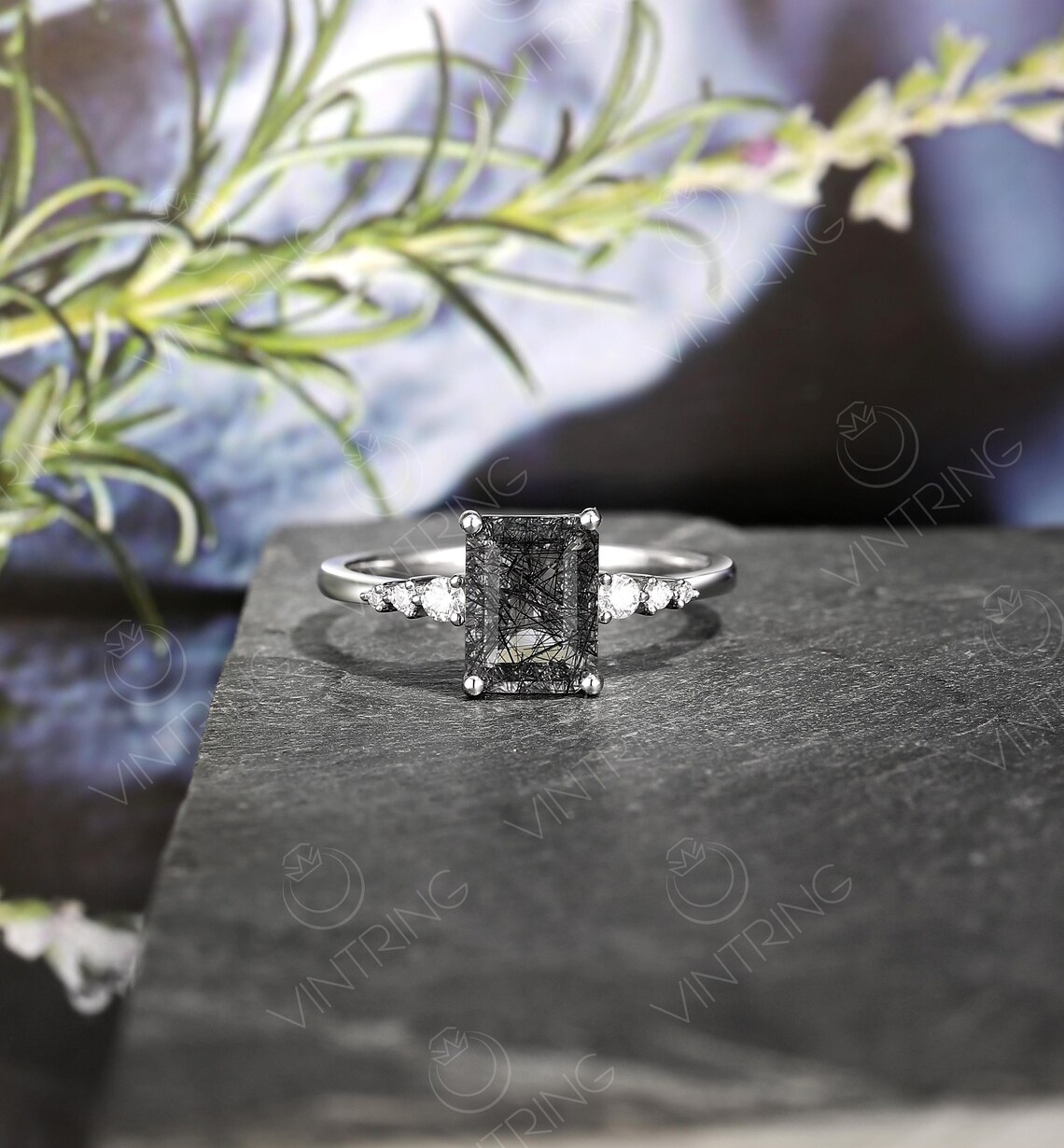 Black Rutilated Quartz Engagement Ring Emerald Cut Engagement | Etsy