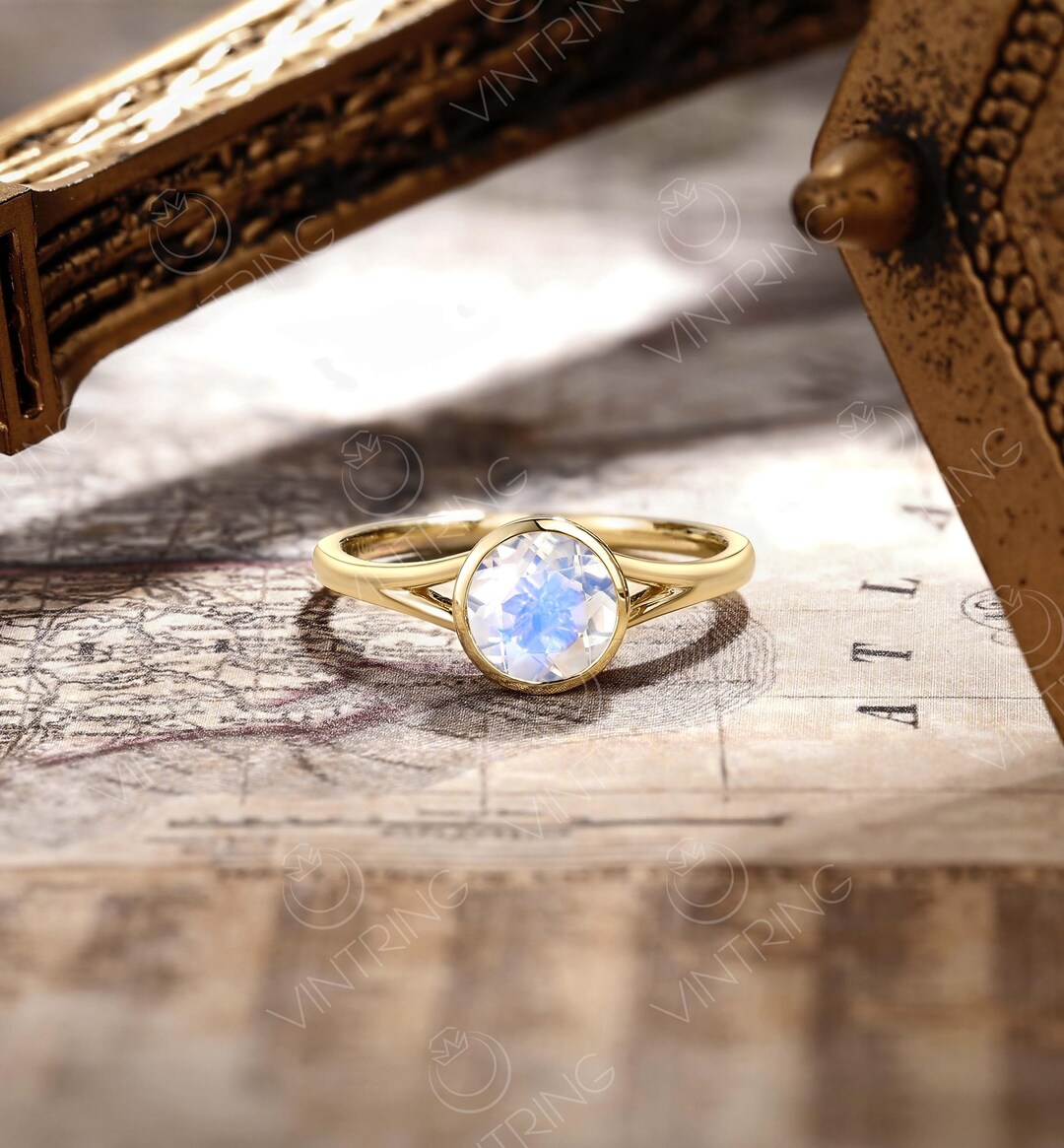Bezel Set Round Moonstone Engagement Ring: 14k Yellow Gold Split Shank ...