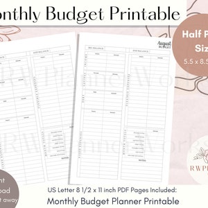 Monthly Budget Planner Printable | Budget Insert | Half Letter Size 5.5 ...