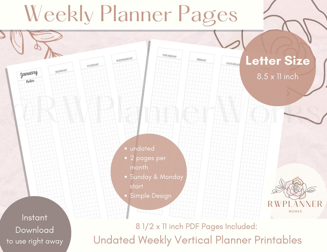 Vertical Weekly Planner Printable: Letter Size Grid (digital Download ...