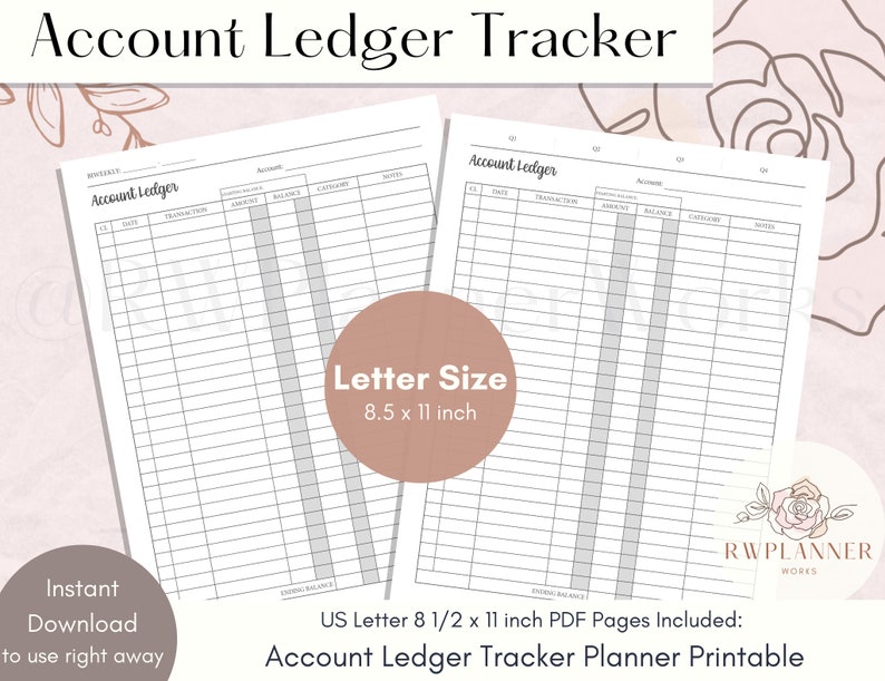 Account Ledger Tracker Planner Printable Planner Insert Letter Size HP ...