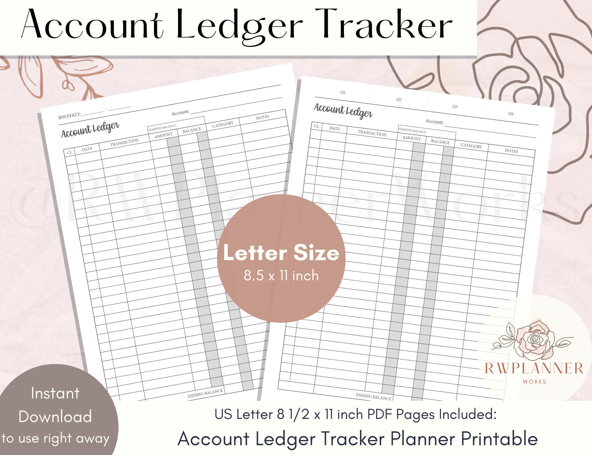 Account Ledger Tracker Planner Printable Planner Insert Letter Size HP ...
