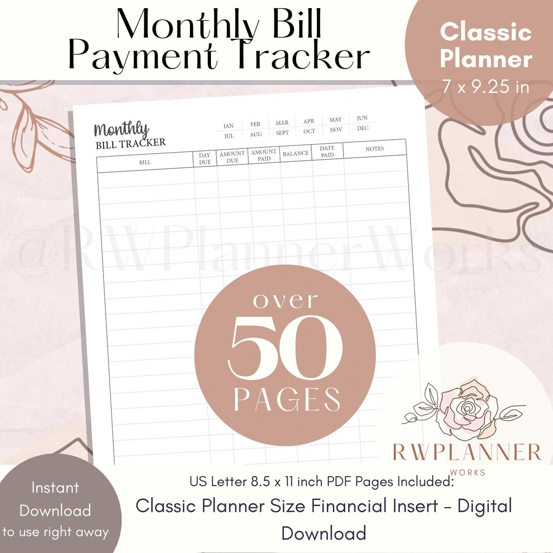 Monthly Bill Payment Tracker Insert: Classic Planner (digital Download ...