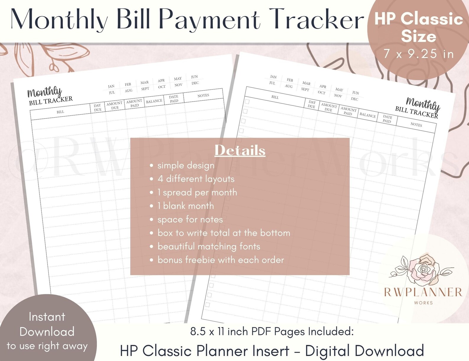 Monthly Bill Payment Tracker Insert: Classic Planner (digital Download ...