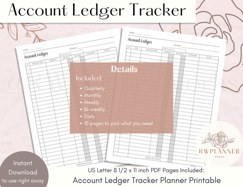 Account Ledger Tracker Planner Printable Planner Insert Letter Size HP ...