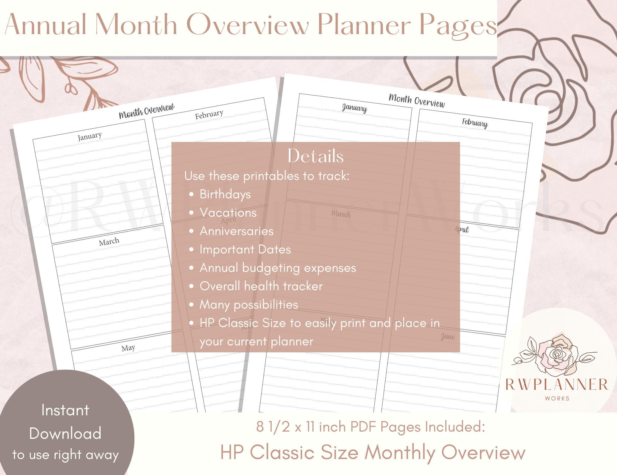 12 Month Planner Overview Planning Printables HP Classic Size - Etsy