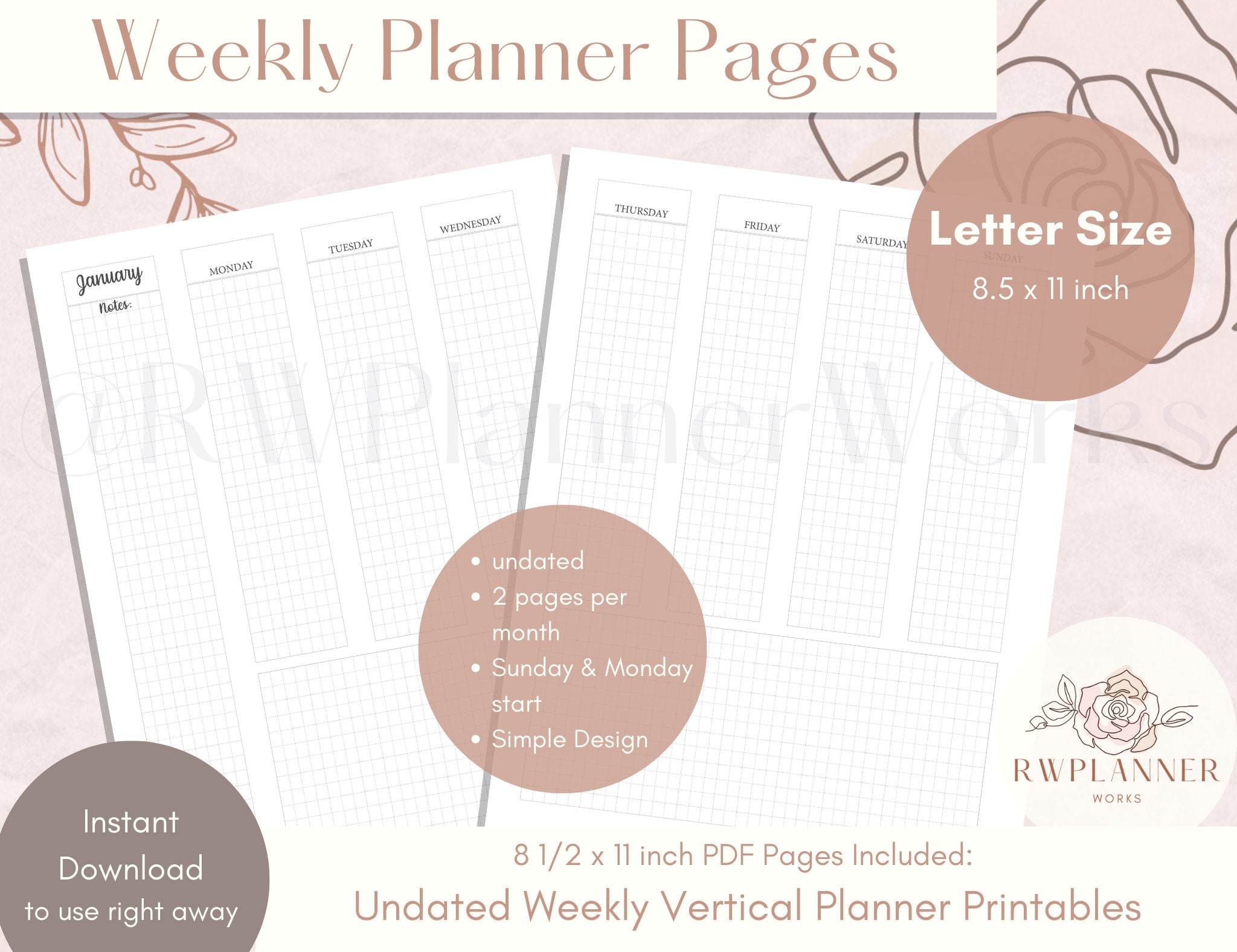 Weekly Planner Pages Vertical Grid With Box Planner Printables Planner ...