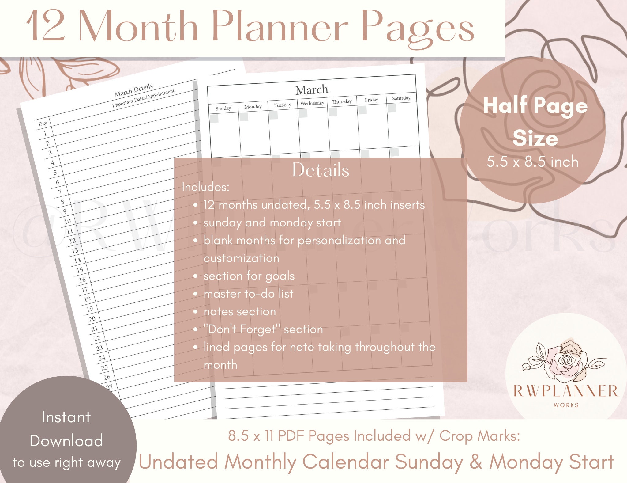 12 Month Planner Pages Monthly Calendar Half Letter Size - Etsy