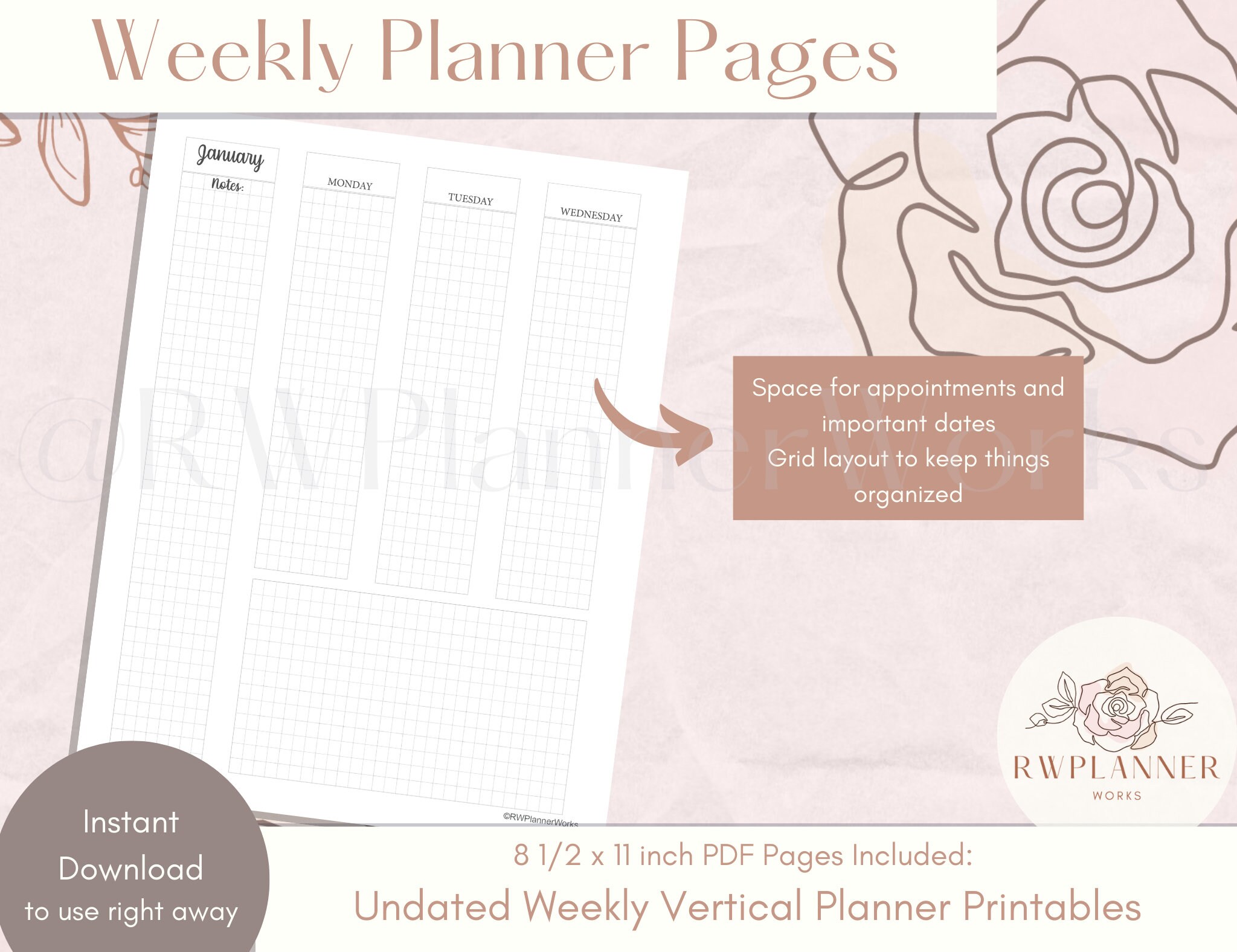 Weekly Planner Pages Vertical Grid With Box Planner Printables Planner ...
