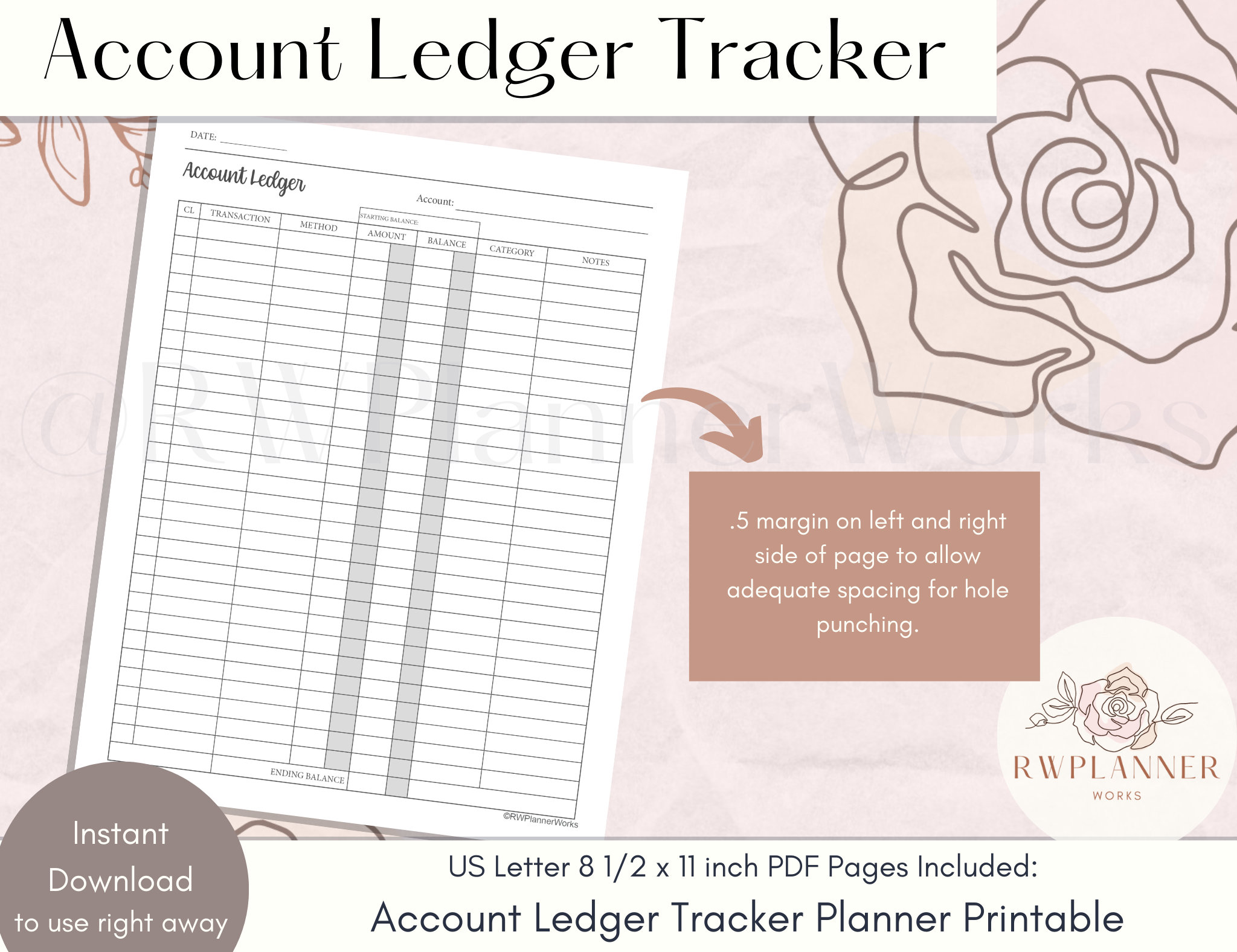 Account Ledger Tracker Planner Printable Planner Insert Letter Size HP ...