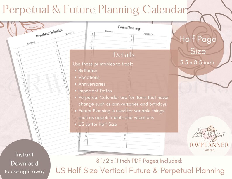 Perpetual Calendar | Future Planning Printables | Half Letter Page - Etsy