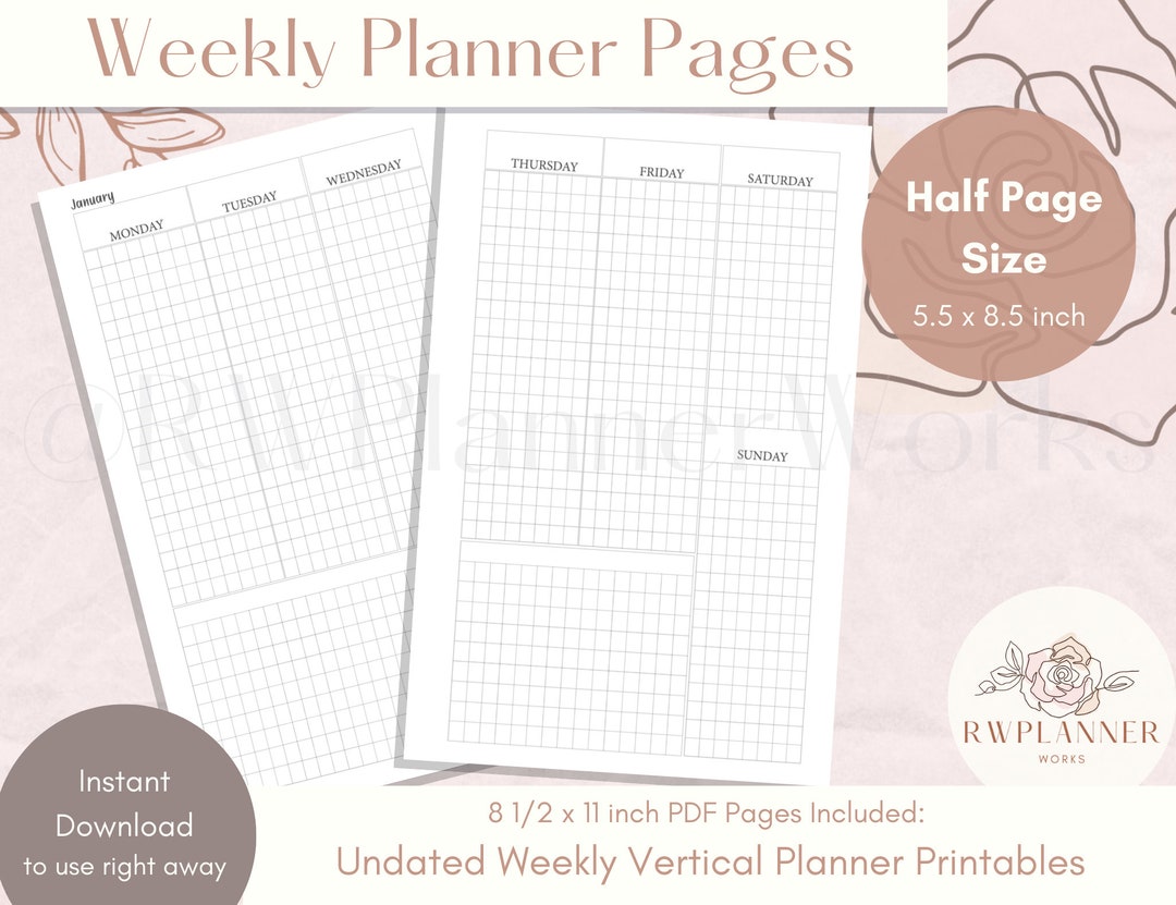 Weekly Planner Pages | Vertical Grid With Box | Planner Inserts | 2 ...