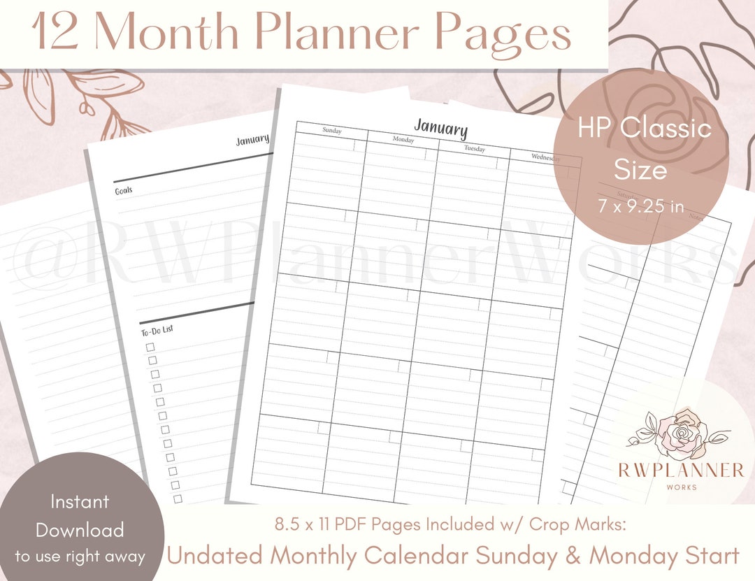 12 Month Planner Pages | Monthly Lined Calendar | Month on 2 Pages | HP ...