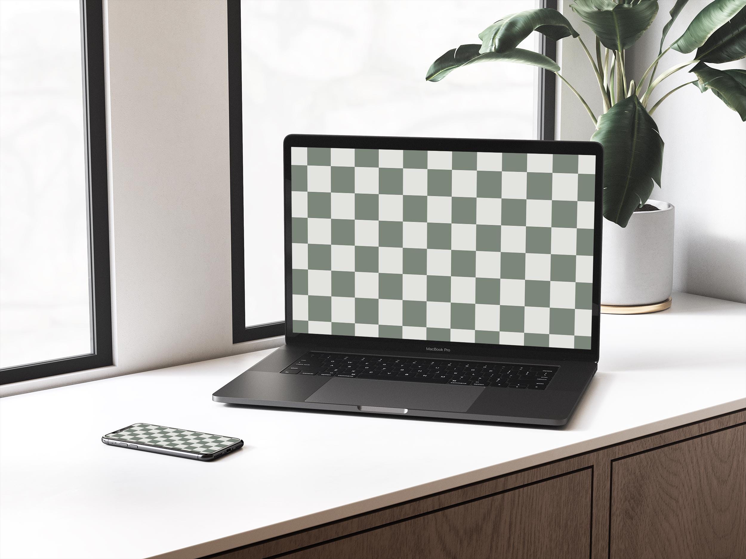 Checkered Aesthetic Boho Green Digital Wallpaper Abstract Minimalist ...