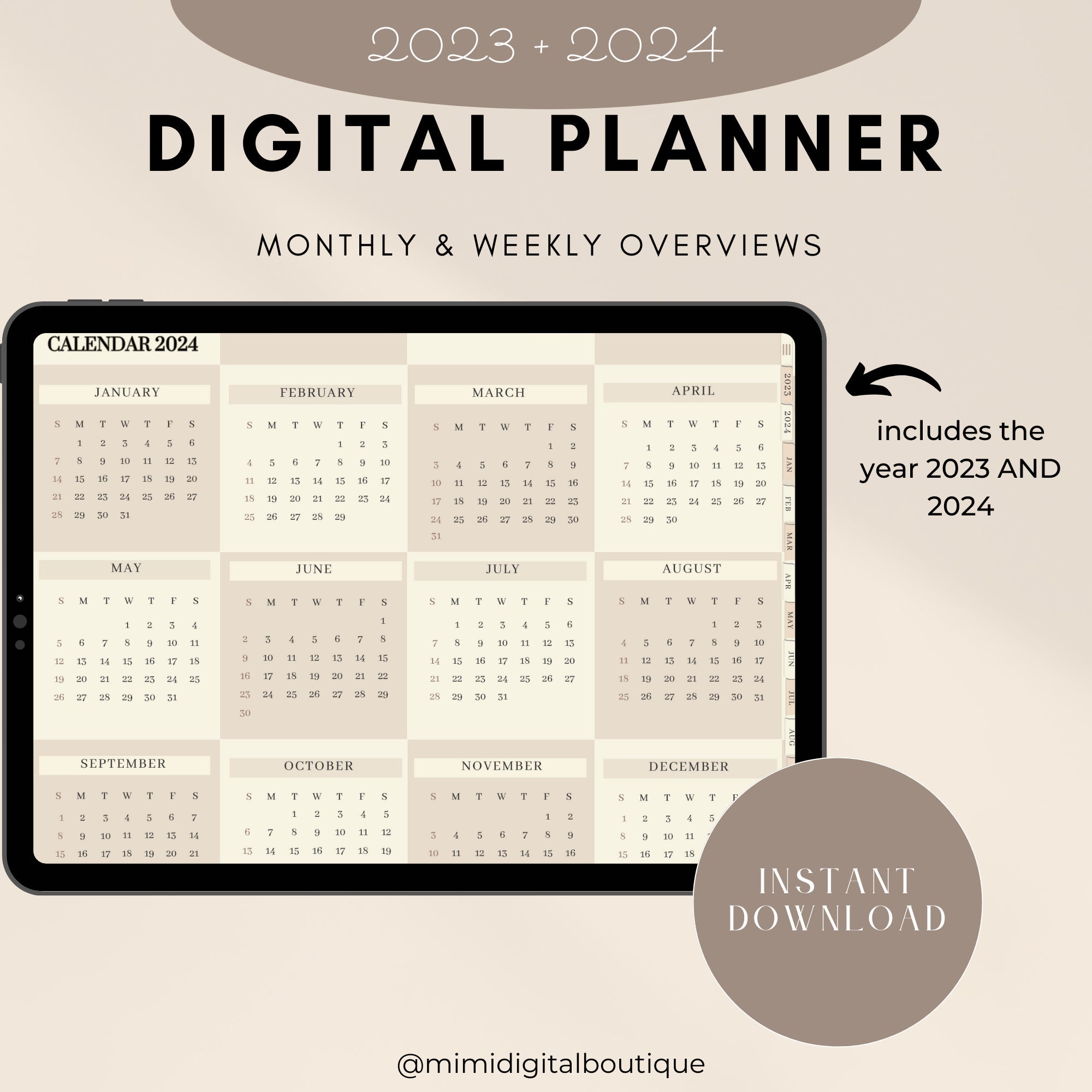 Checkered Simple Neutral Digital Planner 2023-2024 Vision - Etsy Canada