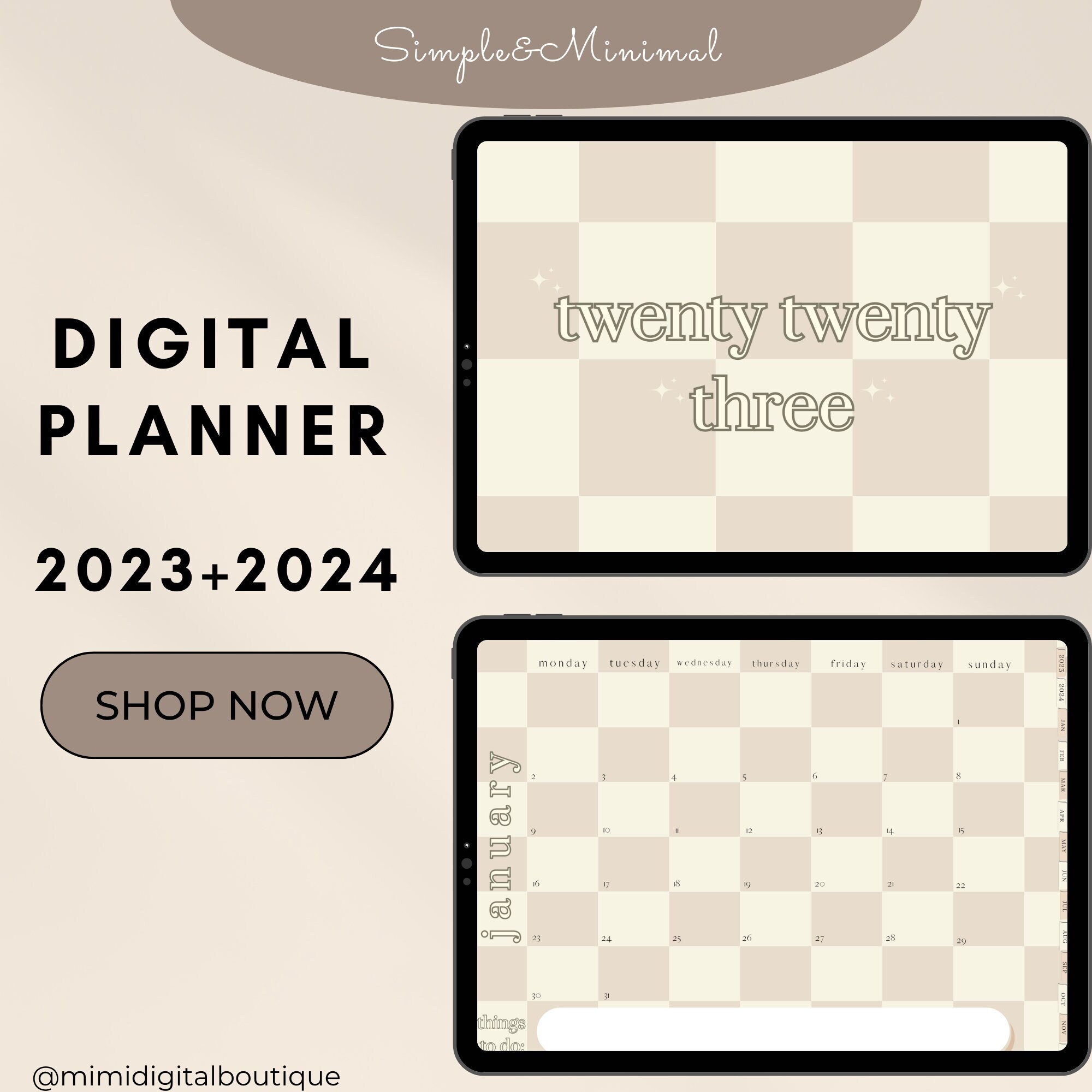 Checkered Simple Neutral Digital Planner 2023-2024 Vision Board Monthly ...