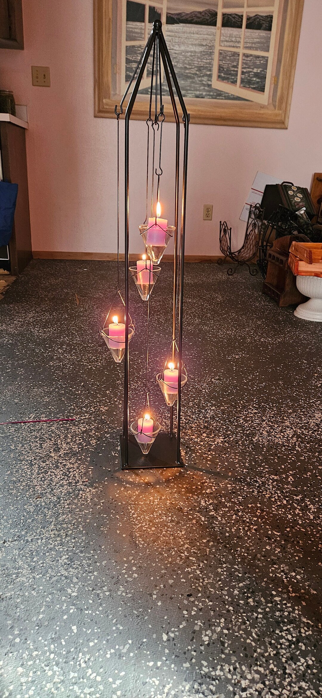 Wrought Iron Metal Hanging Candle Stand 5 Hand Blown Glass Holders 36 ...