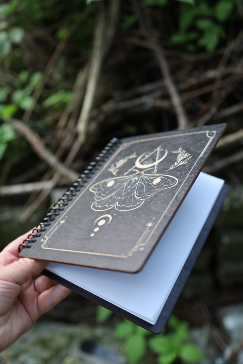 Moth Wooden Notebook, Moon Witch Journal, Sketchbook, Engraved Notebook ...