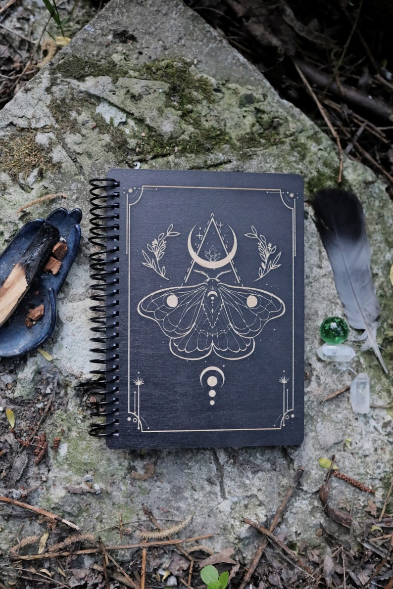 Moth Wooden Notebook, Moon Witch Journal, Sketchbook, Engraved Notebook ...