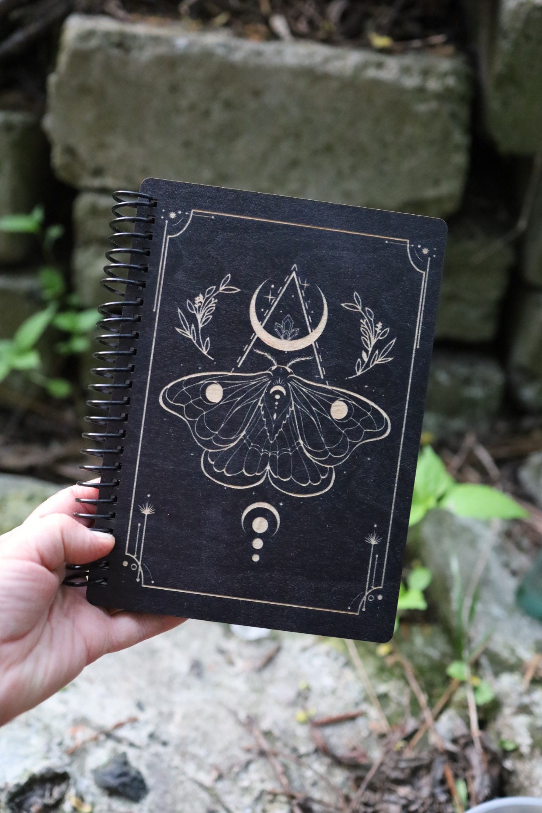 Moth Wooden Notebook, Moon Witch Journal, Sketchbook, Engraved Notebook ...