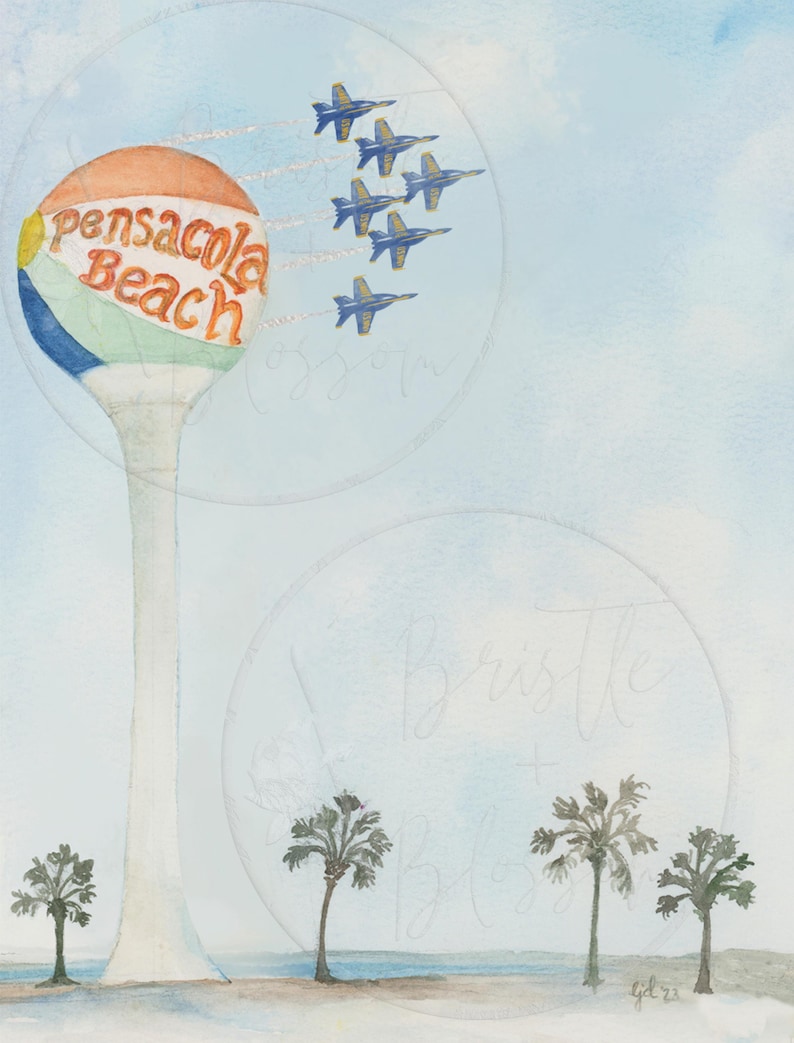 Pensacola Beach Ball Water Tower Watercolor Painting - Blue Angels ...