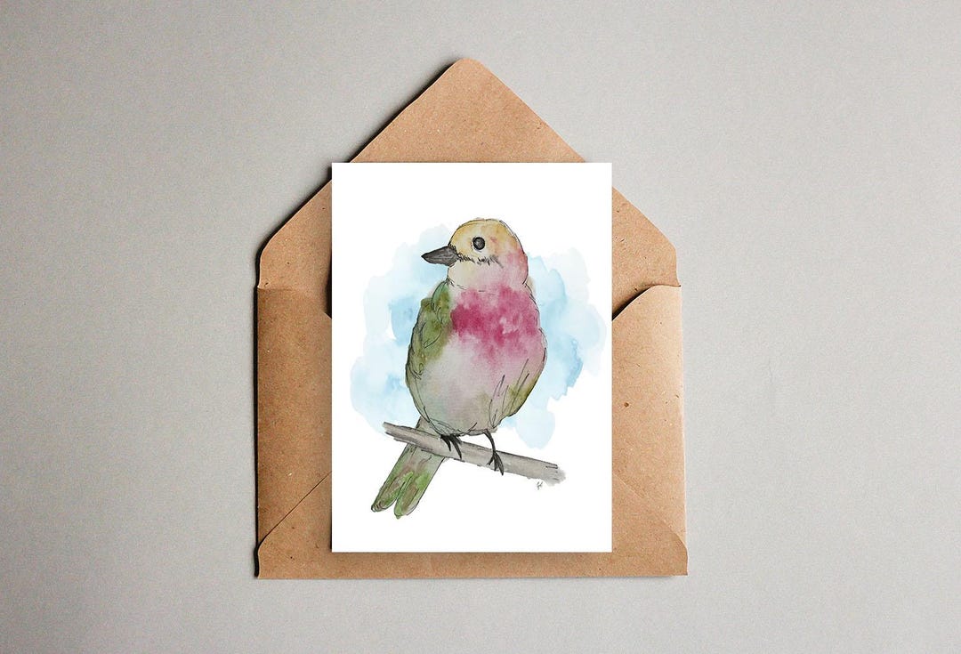 Little Bird Notecards | Watercolor Green and Pink Bird | Blank Inside ...