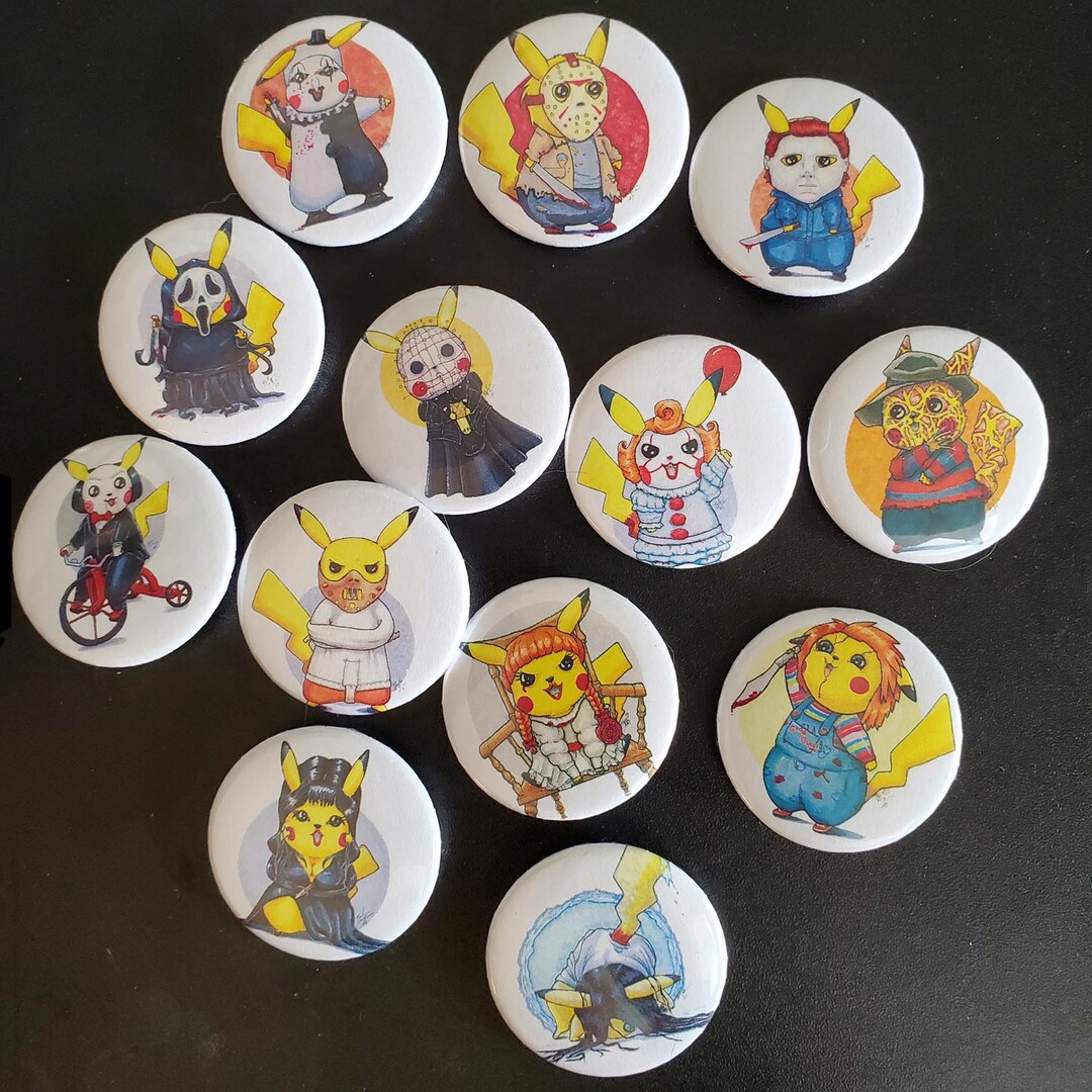 Horrorchu Button Pins Horror Icons, Pikachu, Elvira, Freddy, Chucky ...