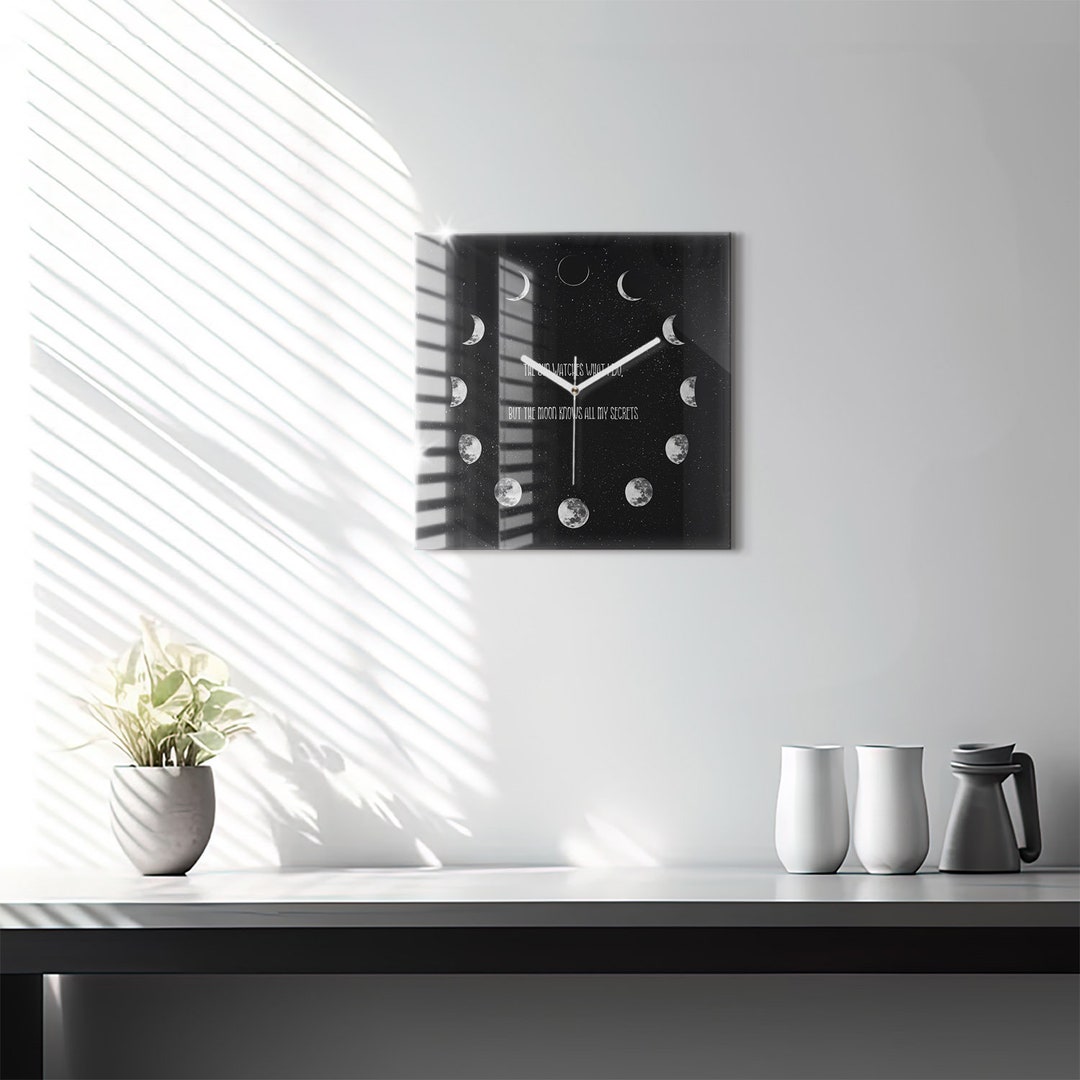 Moon Phases Clock, Astronomy Themed Printed Clock, Black Glass Clock ...