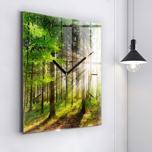 East Forest Glass Clock, Green Modern Wall Clock, Nature Minimalistic ...
