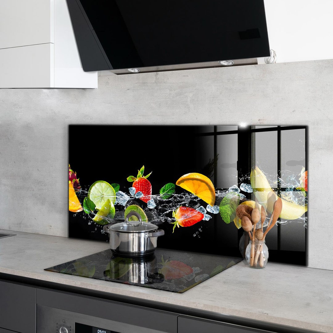 Juicy Exotic Fruits Black and Colorful Splashback, Kitchen Decor, High ...