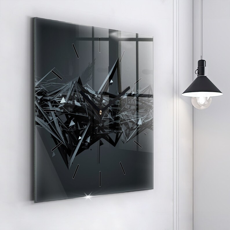 Black Abstraction Glass Clock, Black Hanging Clock, Abstract Printed ...