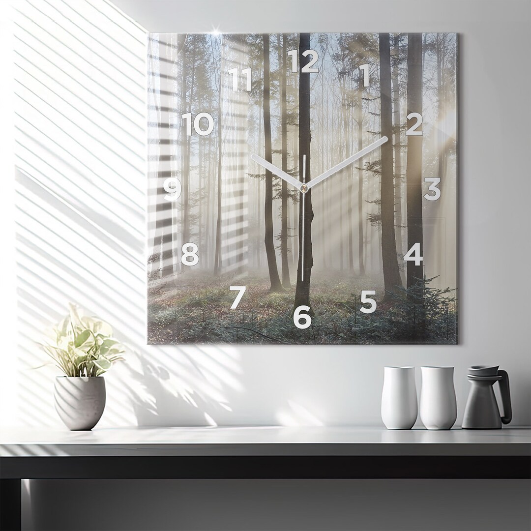 Forest in the Fog Glass Clock, Brown Modern Wall Clock, Nature ...