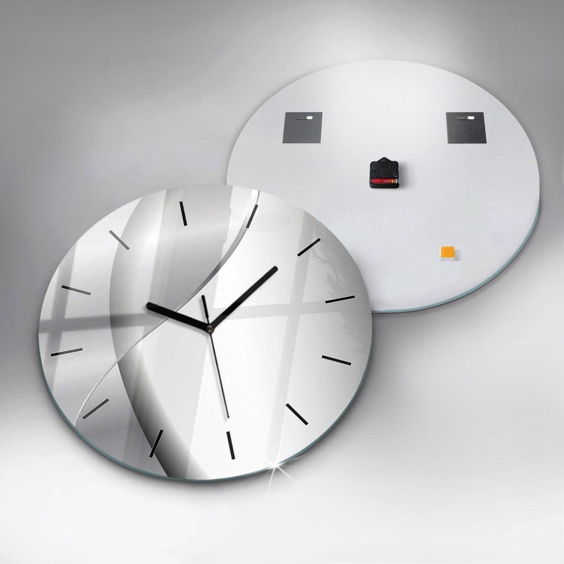 Silver Abstraction Glass Clock, Silver Printed Clock, Abstract Modern ...