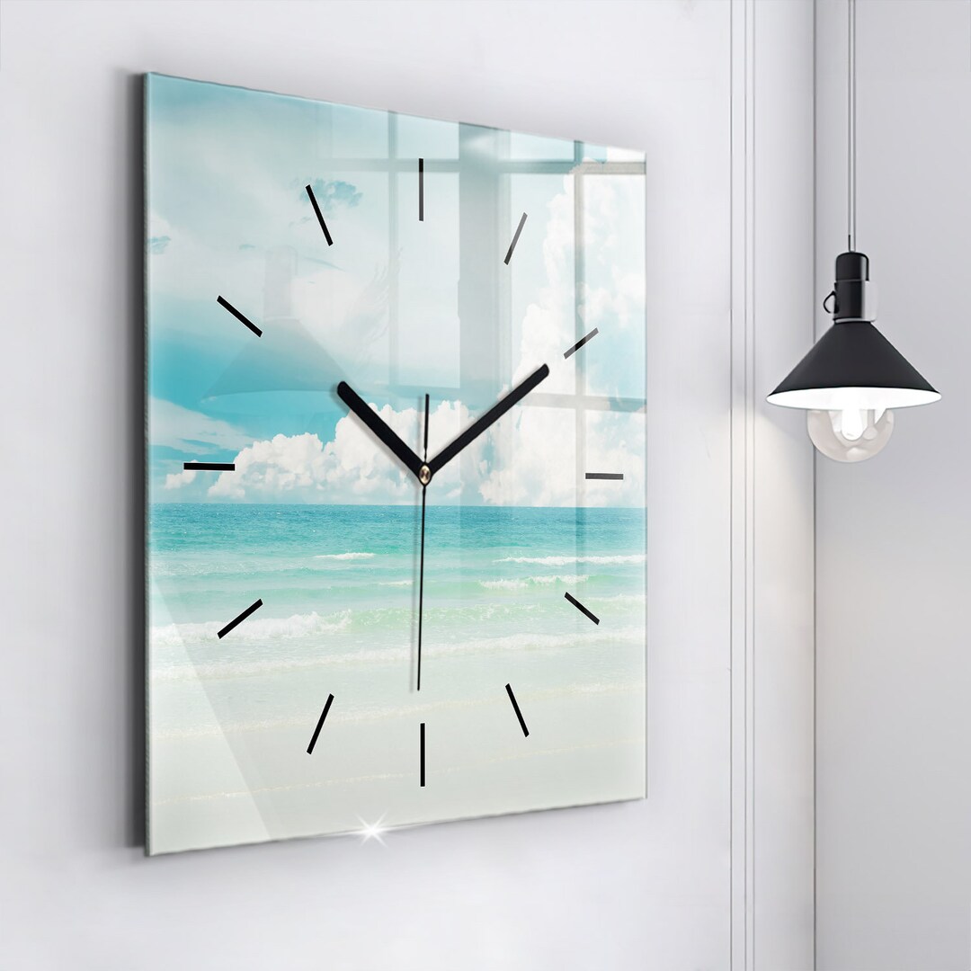 Landscape Sea Glass Clock, Blue Printed Clock, Landscape Modern Wall ...
