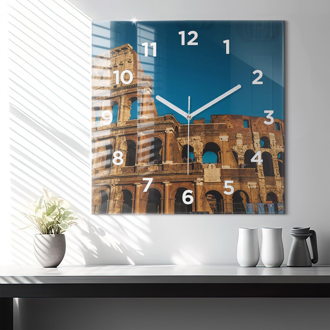 Colosseum in Italy Glass Clock, Yellow Minimalistic Clock, Nature Wall ...