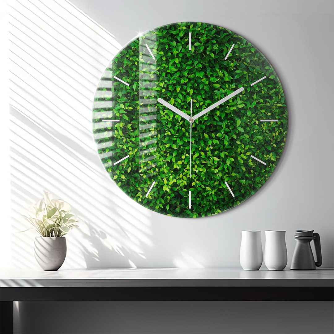 Leaf Hedge Glass Clock Green Modern Wall Clock Nature - Etsy UK