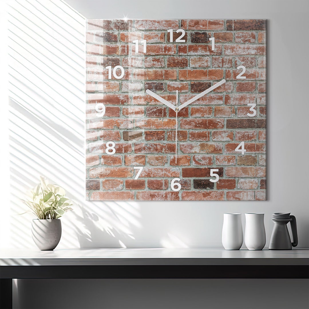 Brick Wall Glass Clock, Brown Printed Clock, Abstract Modern Wall Clock ...