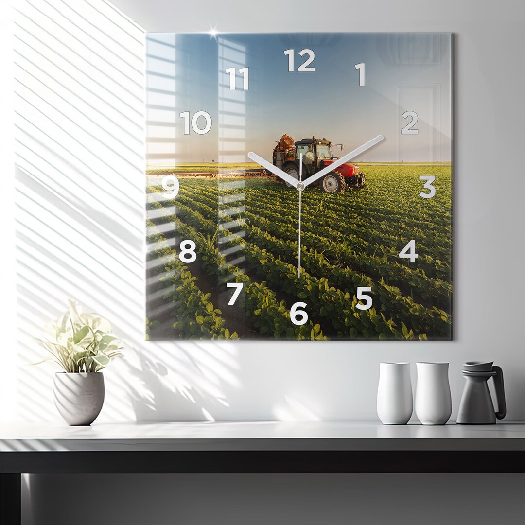 Tractor in the Agricultural Field Glass Clock, Red Printed Clock ...