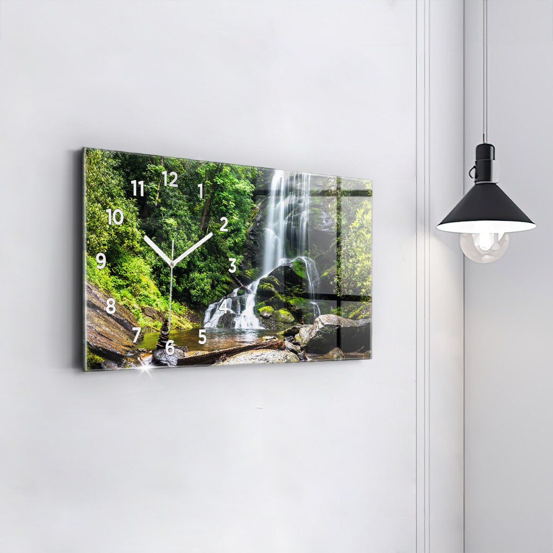 Forest Waterfall Wall Clock, Multicolor Glass Clock, Landscape Printed ...