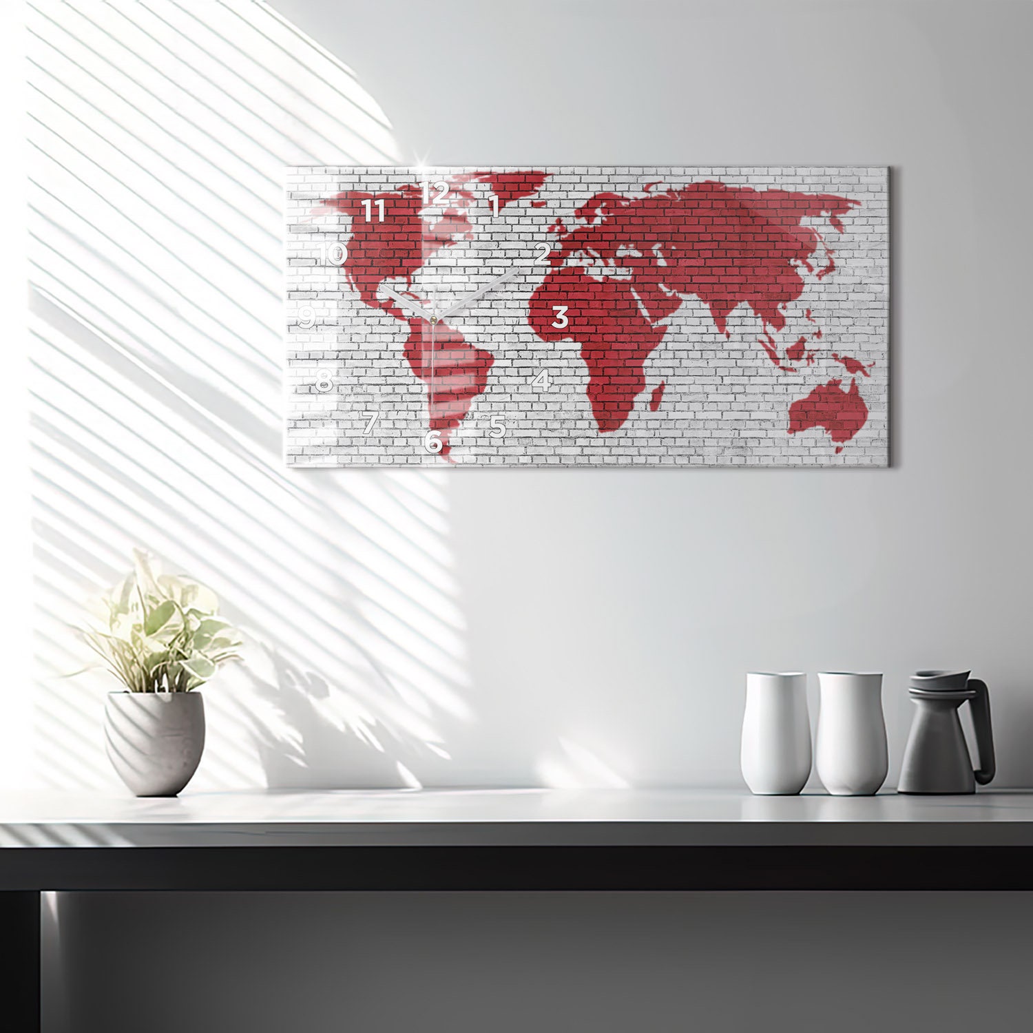 Brick Wall Map of the World Modern Wall Clock, Red Glass Clock, Map ...