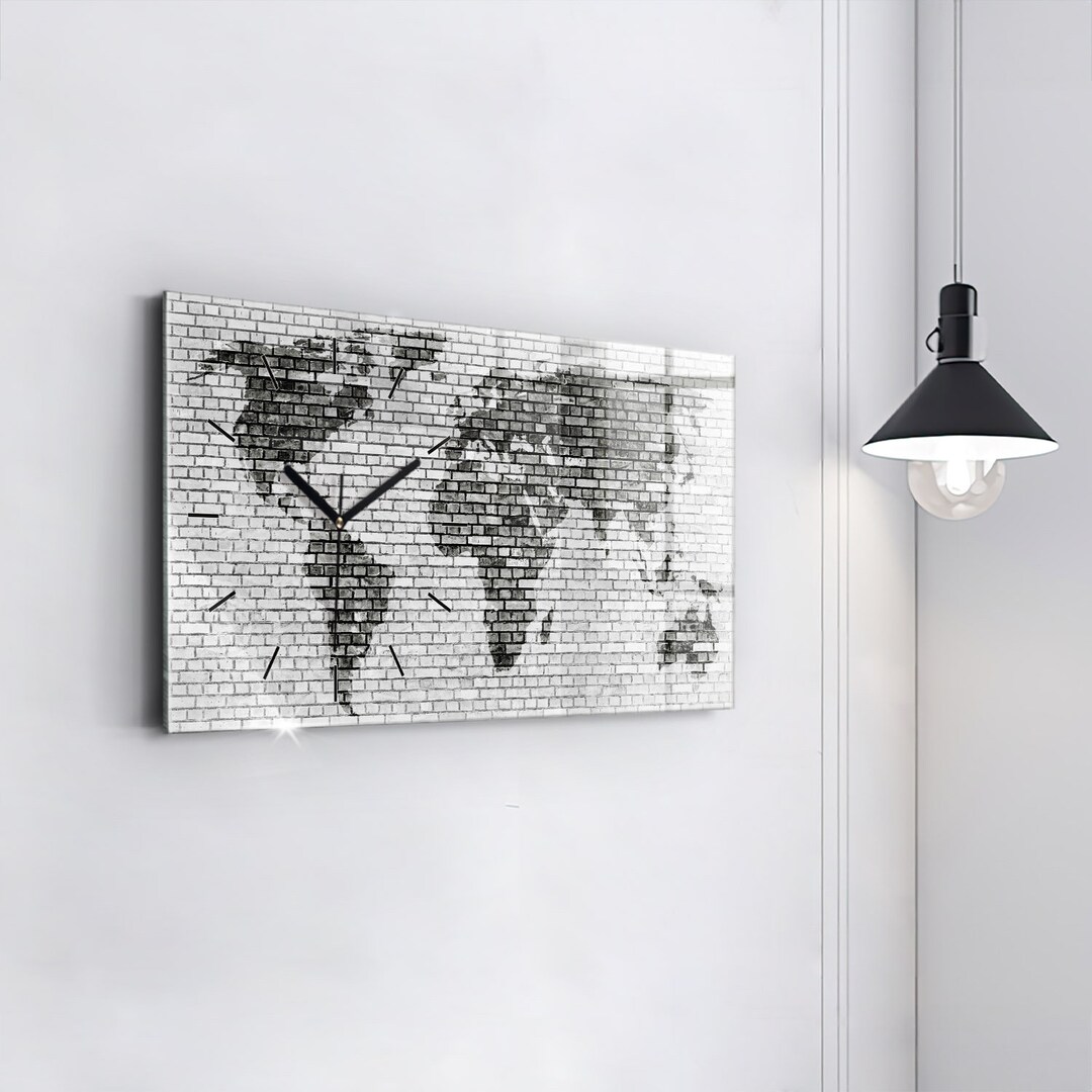 Brick Wall Map of the World Modern Wall Clock, Gray Glass Clock, Map ...