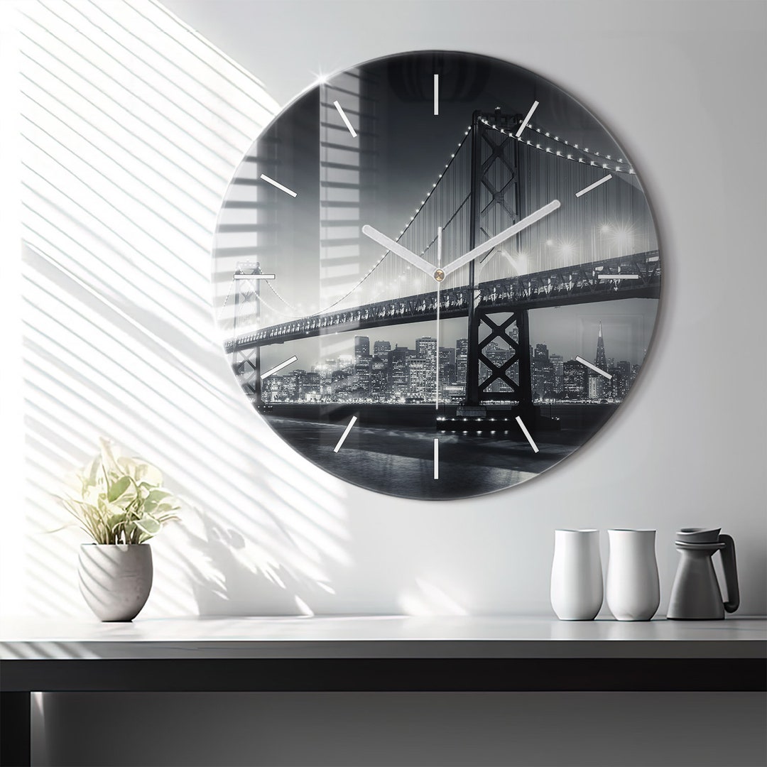 San Francisco Night Bridge Glass Clock Black Modern Wall - Etsy