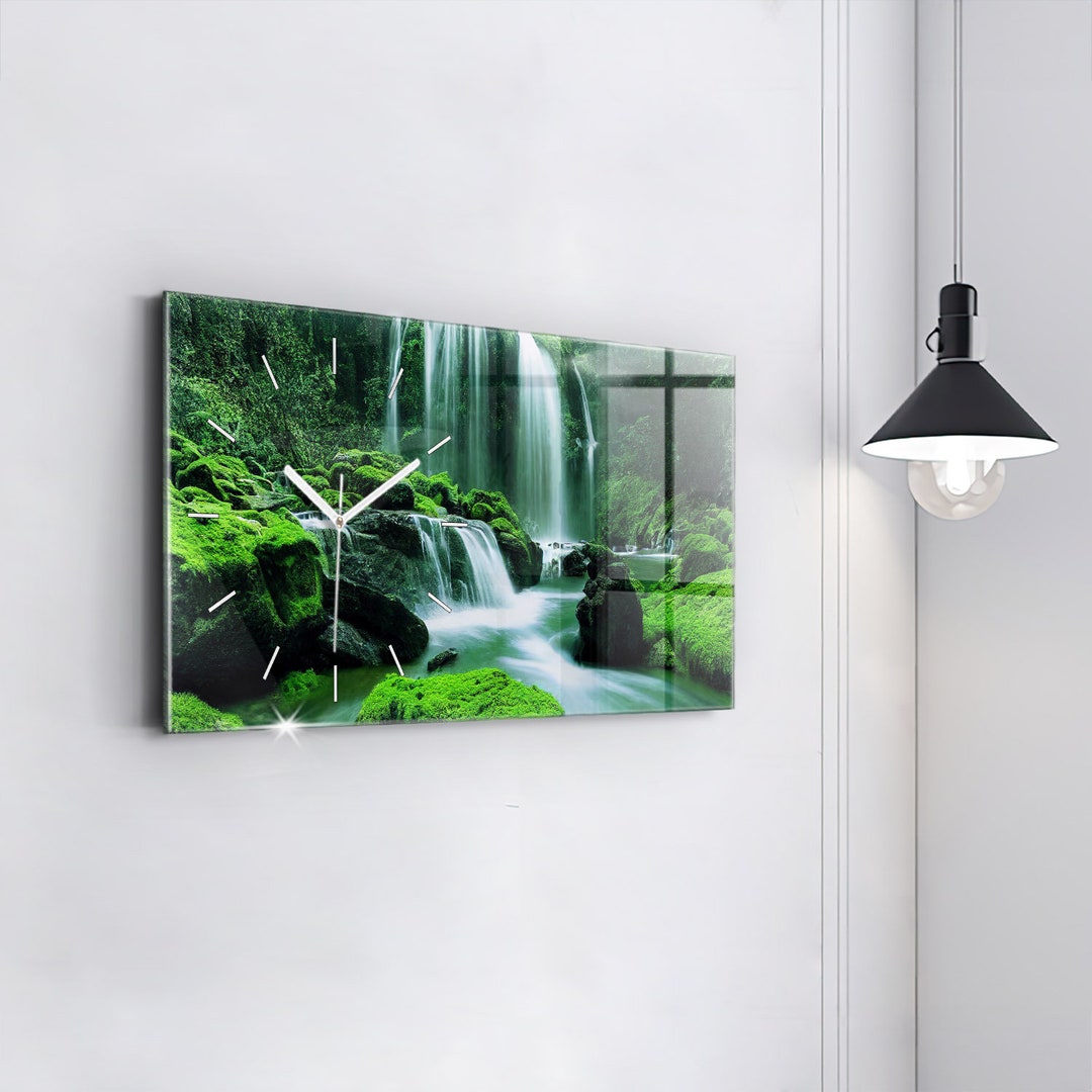 Waterfall Among Moss Wall Clock, Green Glass Clock, Landscape Hanging ...