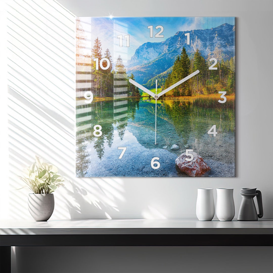 Mountain Landscape River Glass Clock, Multicolor Printed Clock ...